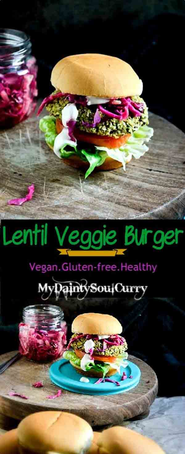 Spicy Lentil Veggie Burger 'N' Pickled Cabbage Vegan Recipe